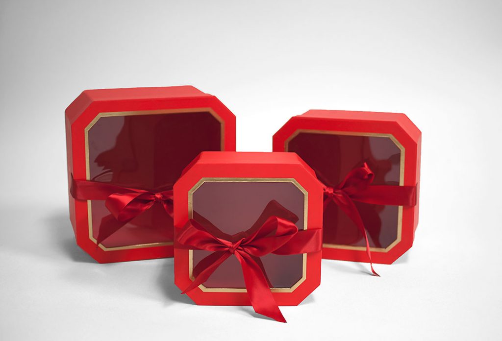 W5195 Red Set of 3 Hexagon Square Flower Boxes With Window and Ribbon ...